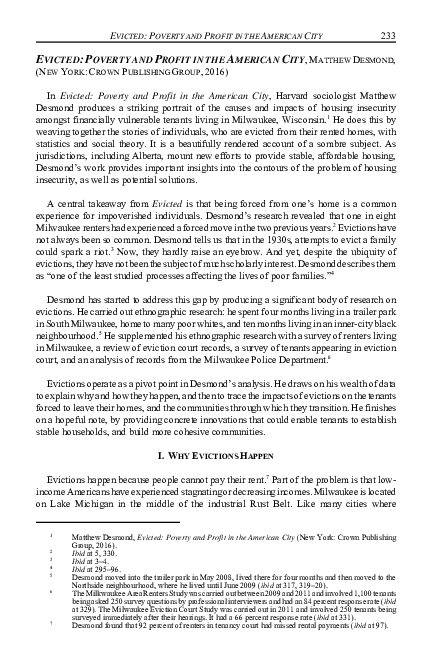 (PDF) Evicted: Poverty and Profit in the American City, Matthew Desmond ...