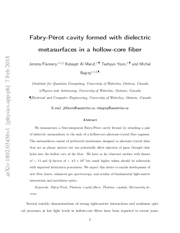 (PDF) Fabry-Pérot Cavity Formed with Dielectric Metasurfaces in a ...