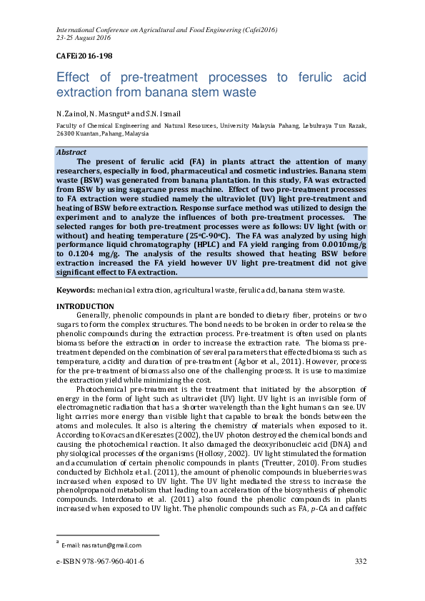 (PDF) Effect of Pre-treatment Processes to Ferulic Acid Extraction from ...