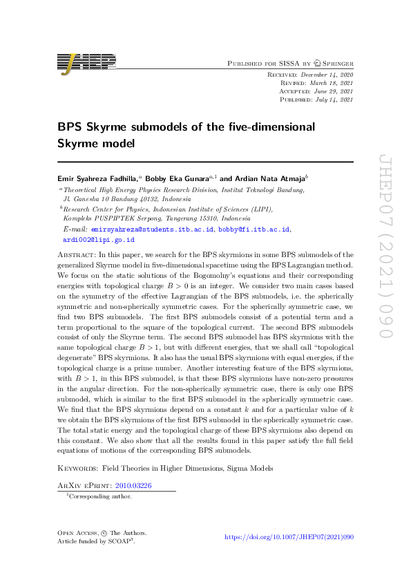 (PDF) BPS Skyrme submodels of the five-dimensional Skyrme model
