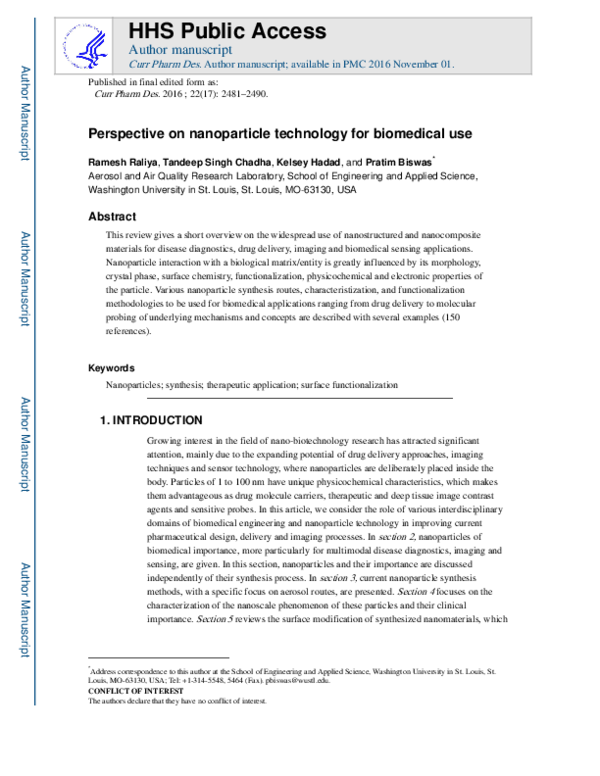 (PDF) Perspective on Nanoparticle Technology for Biomedical Use