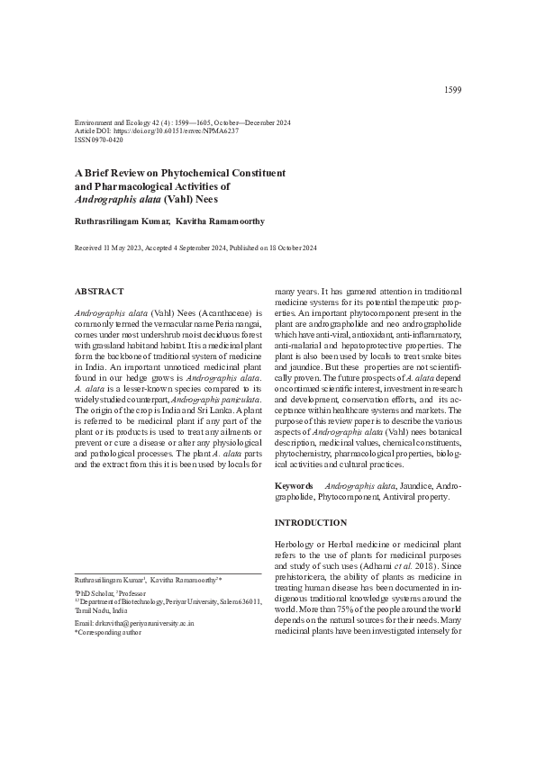(PDF) A Brief Review on Phytochemical Constituent and Pharmacological Activities of Andrographis ...