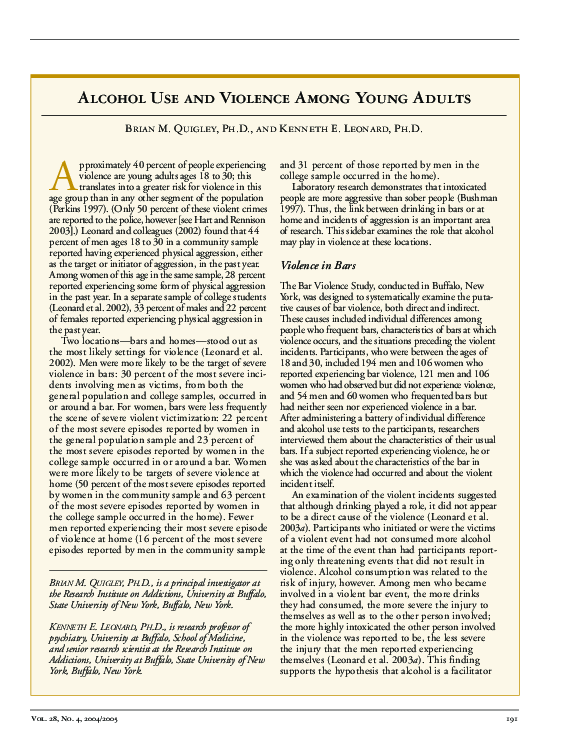 (PDF) Alcohol use and violence among young adults