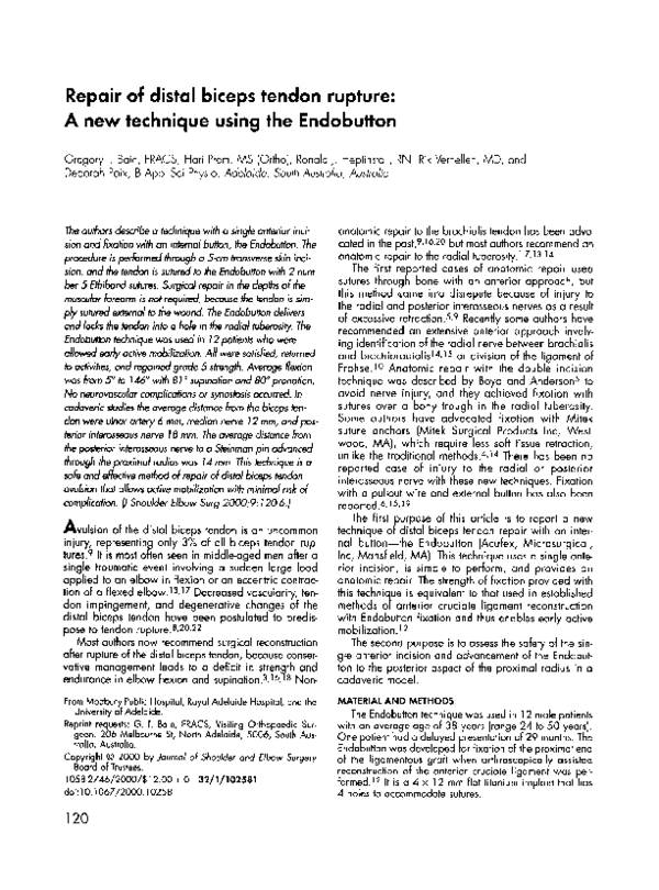 (PDF) Repair of distal biceps tendon rupture: A new technique using the ...