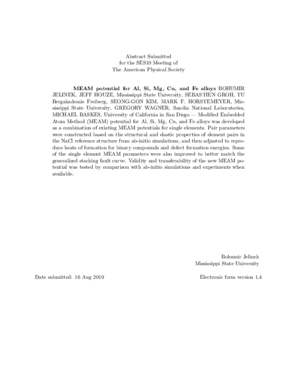 (PDF) MEAM potential for Al, Si, Mg, Cu, and Fe alloys
