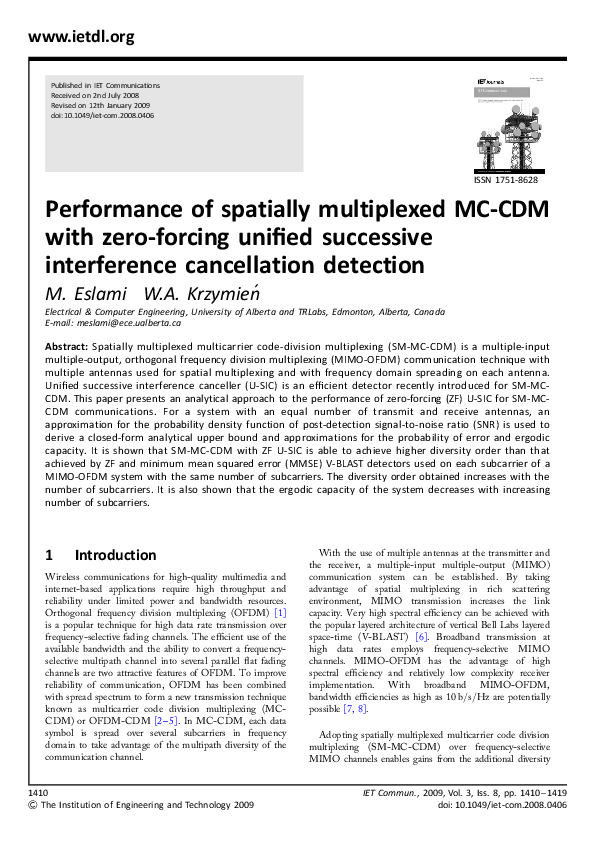 (PDF) Performance of spatially multiplexed MC-CDM with zero-forcing ...