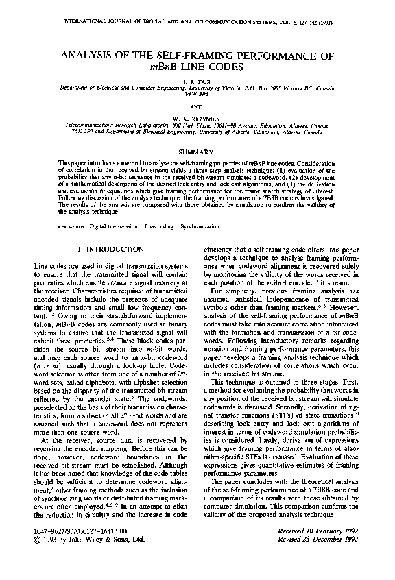 (PDF) Analysis of the self-framing performance of mBnB line codes