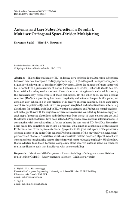 (PDF) Antenna and User Subset Selection in Downlink Multiuser Orthogonal Space-Division ...