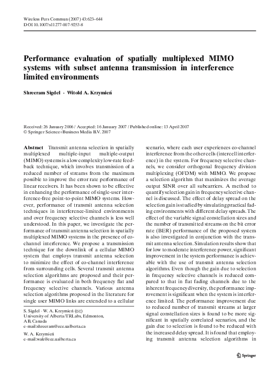 (PDF) Performance evaluation of spatially multiplexed MIMO systems with subset antenna ...