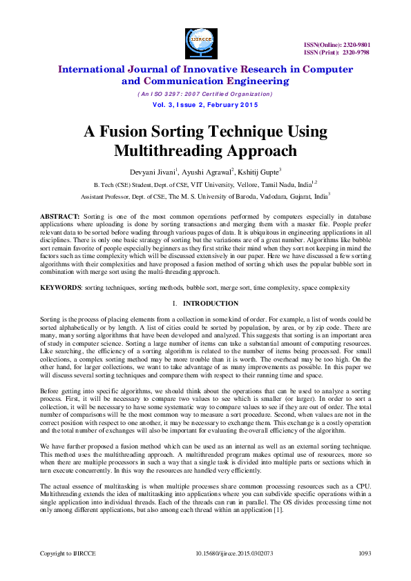 (PDF) A Fusion Sorting Technique UsingMultithreading Approach