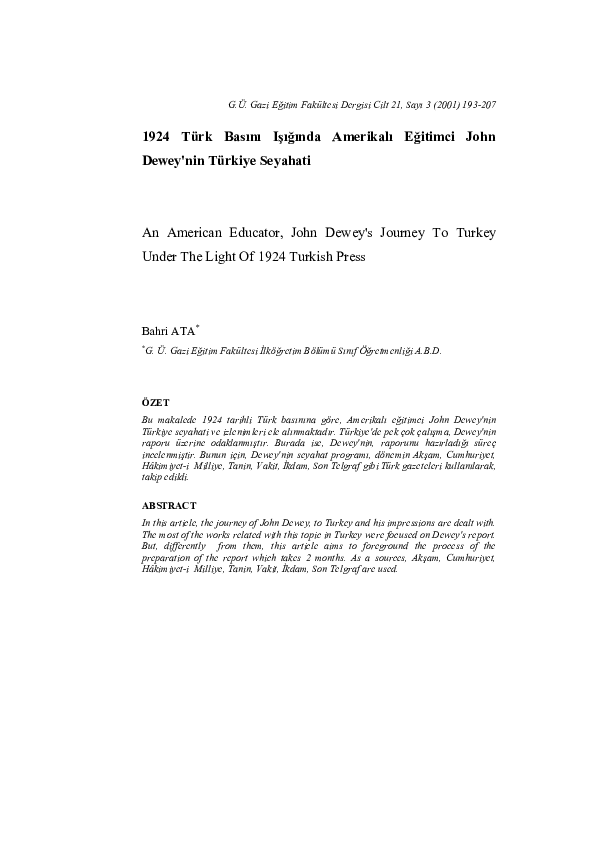(PDF) 1924 Türk Basını Işığında Amerikalı Eğitimci John Dewey