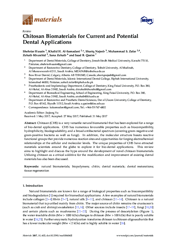 (PDF) Chitosan Biomaterials for Current and Potential Dental Applications