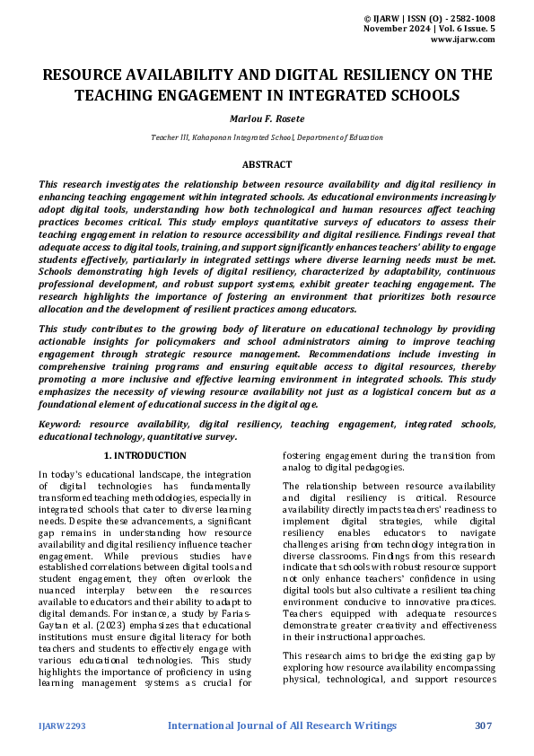 (PDF) RESOURCE AVAILABILITY AND DIGITAL RESILIENCY ON THE TEACHING ENGAGEMENT IN INTEGRATED SCHOOLS
