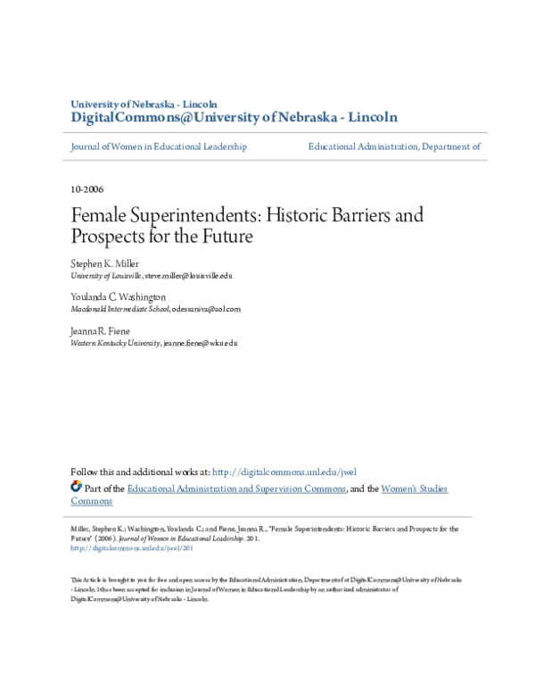 (PDF) Female Superintendents: Historic Barriers and Prospects for the ...