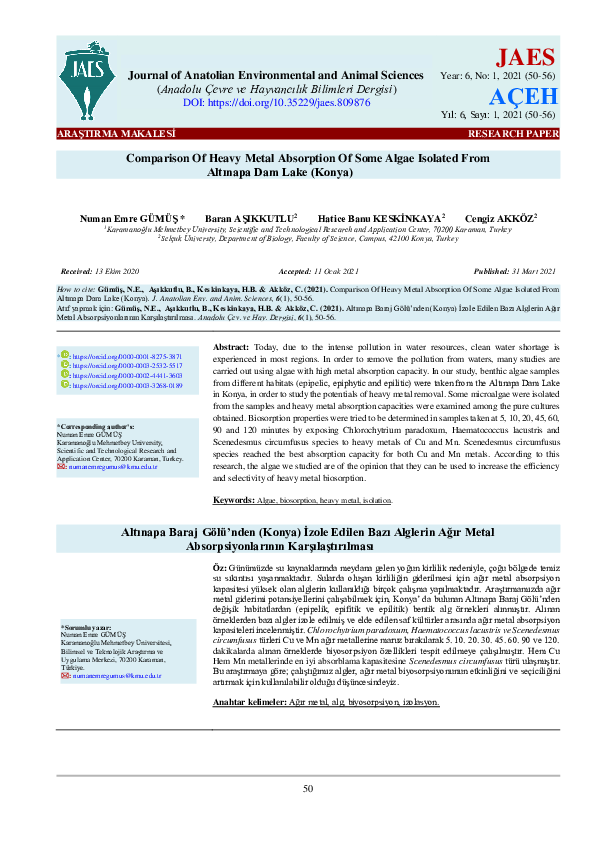 (PDF) Comparison Of Heavy Metal Absorption Of Some Algae Isolated From ...