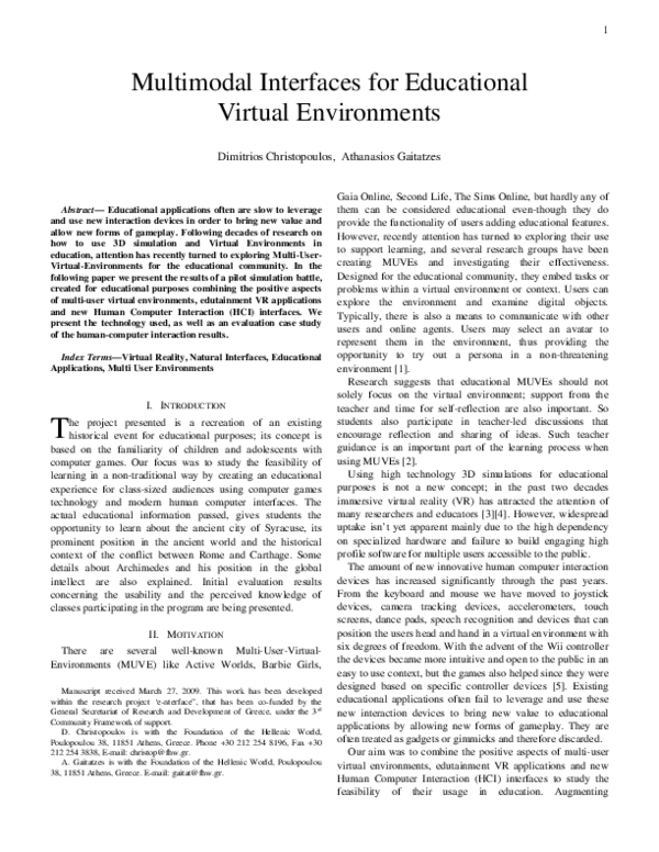 (PDF) Multimodal Interfaces for Educational Virtual Environments