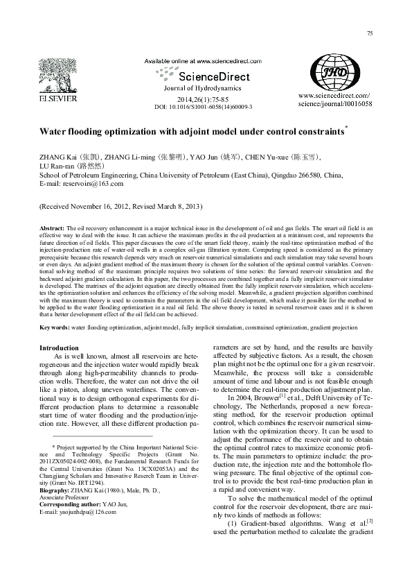 (PDF) Water flooding optimization with adjoint model under control constraints