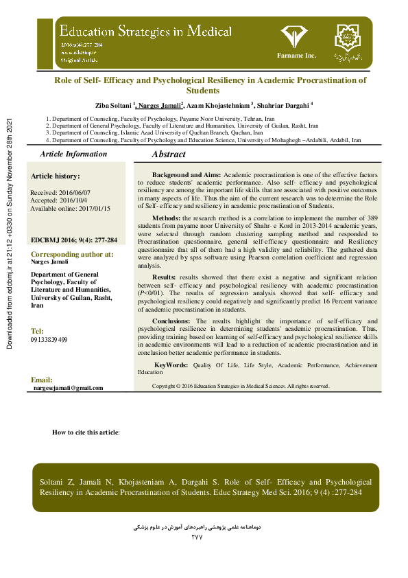 (PDF) Role of Self- Efficacy and Psychological Resiliency in Academic Procrastination of Students
