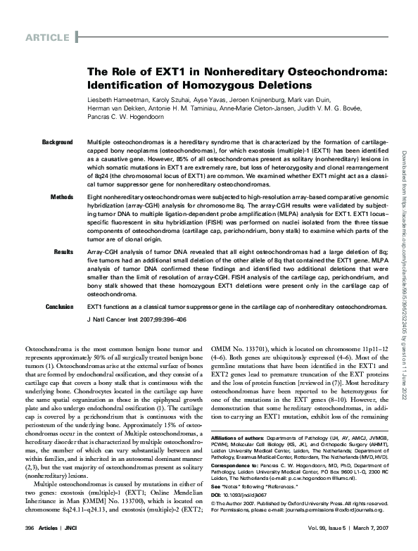 (PDF) The Role of EXT1 in Nonhereditary Osteochondroma: Identification of Homozygous Deletions