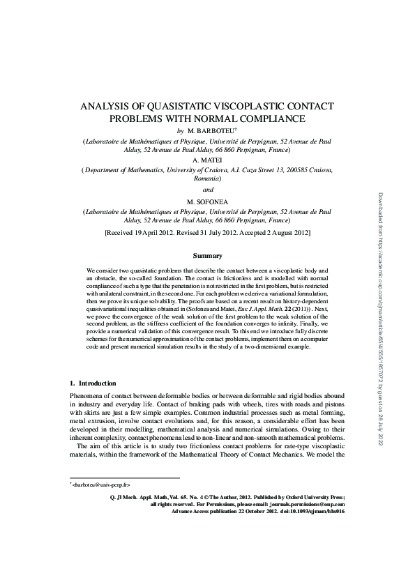 (PDF) Analysis of Quasistatic Viscoplastic Contact Problems with Normal Compliance | Mircea ...