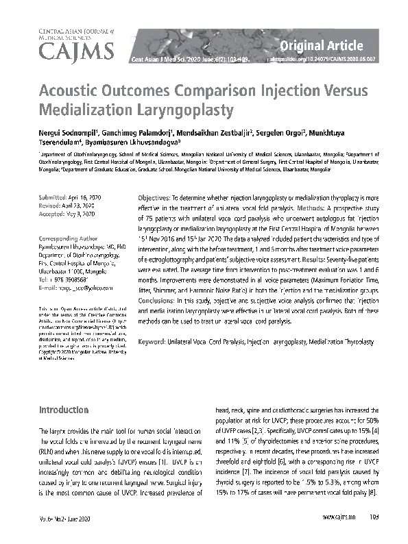 (PDF) Acoustic Outcomes Comparison Injection Versus Medialization ...