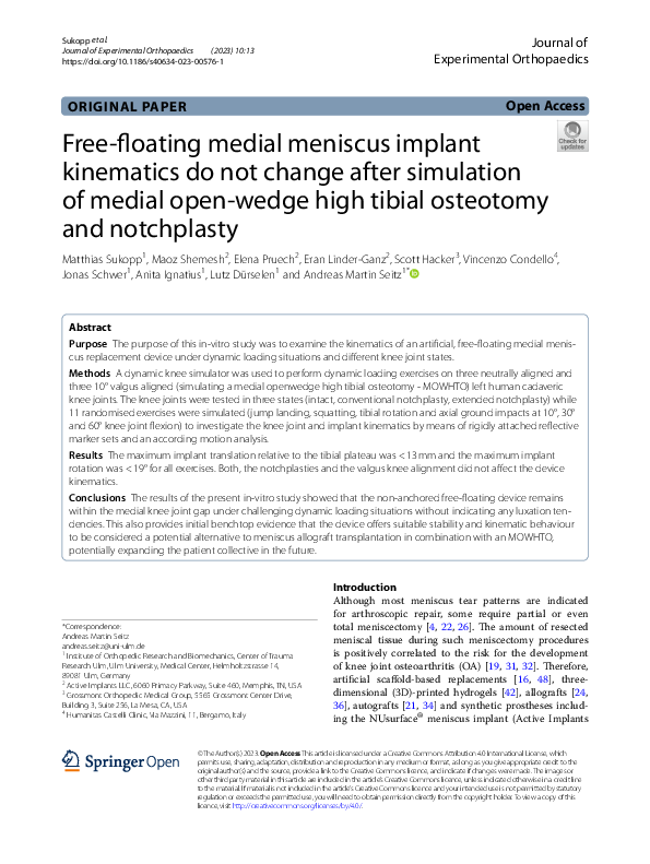 (PDF) Free-floating medial meniscus implant kinematics do not change ...