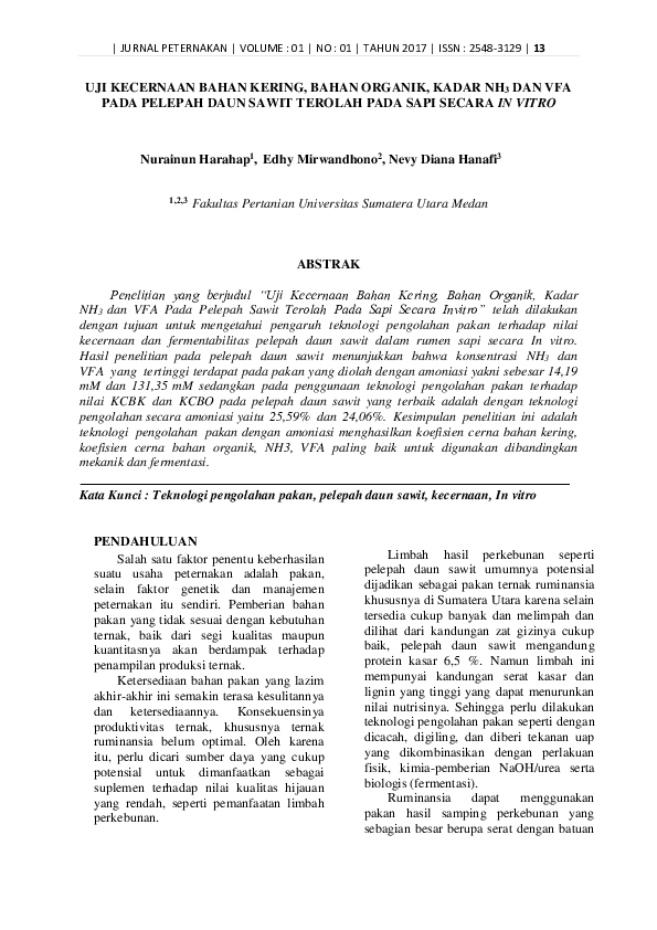 (PDF) Uji Kecernaan Bahan Kering, Bahan Organik, Kadar NH3 Dan Vfa Pada Pelepah Daun Sawit ...