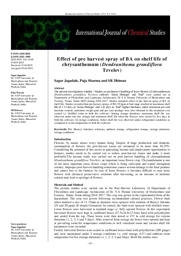 (PDF) Effect of pre harvest spray of BA on shelf life of chrysanthemum ...