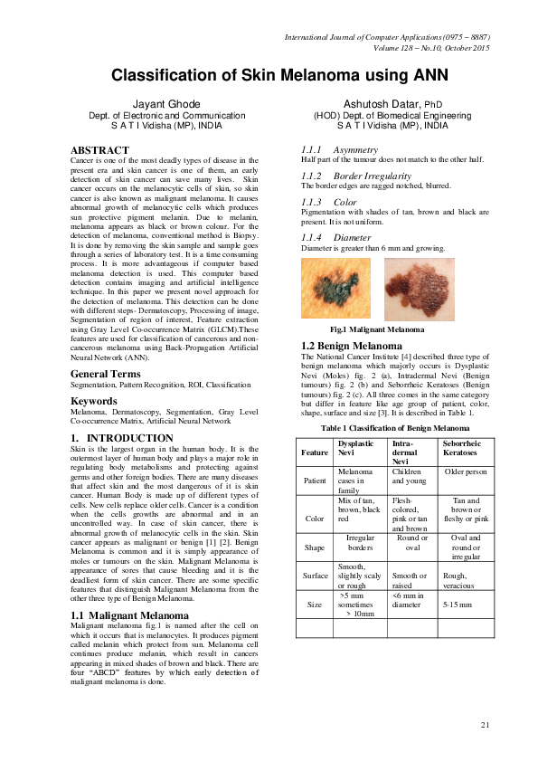 (PDF) Classification of Skin Melanoma using ANN