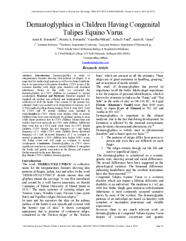 (PDF) Dermatoglyphics in Children Having Congenital Talipes Equino ...