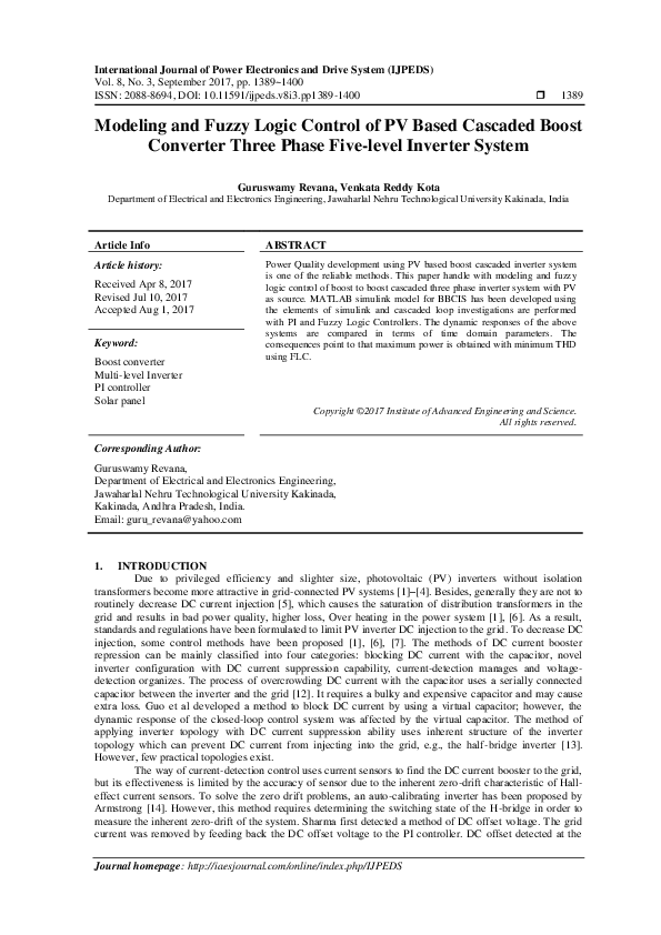 (PDF) Modeling and Fuzzy Logic Control of PV Based Cascaded Boost Converter Three Phase Five ...
