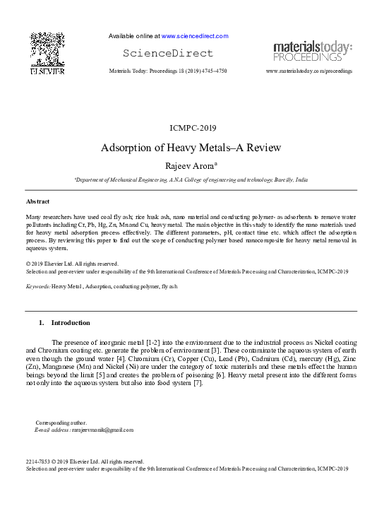 (PDF) Adsorption of Heavy Metals-A Review