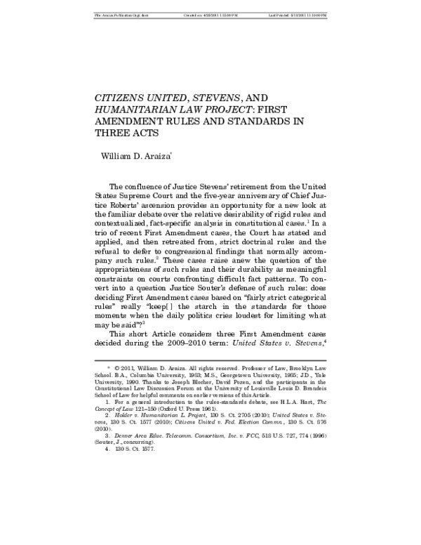 (PDF) Citizens United, Stevens, and Humanitarian Law Project: First ...