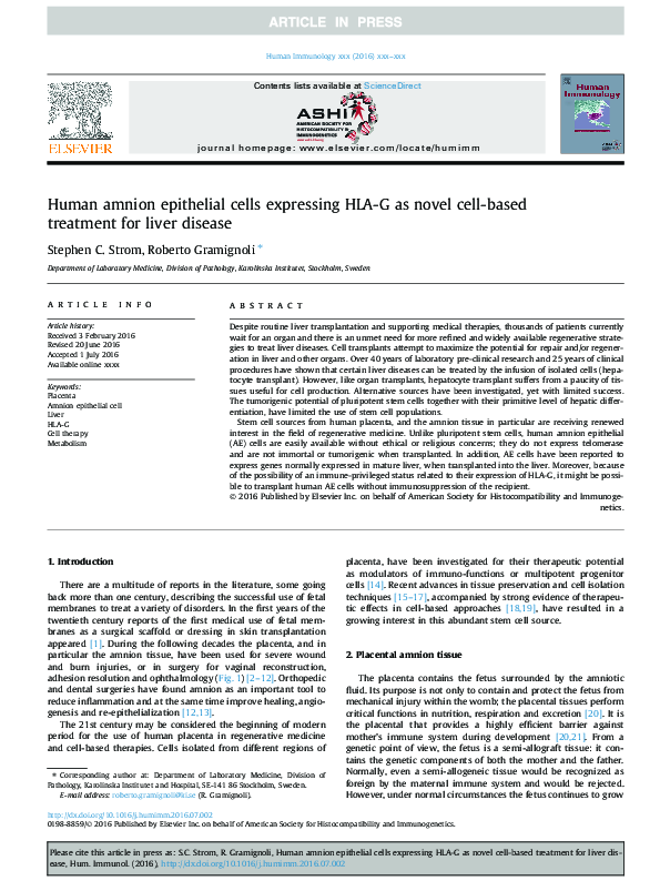 (PDF) Human amnion epithelial cells expressing HLA-G as novel cell ...