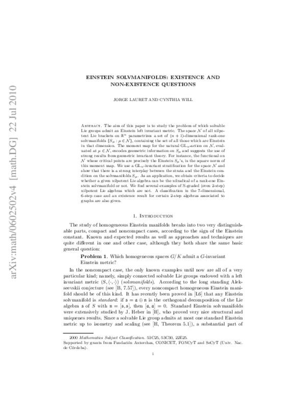 (PDF) Einstein solvmanifolds: existence and non-existence questions