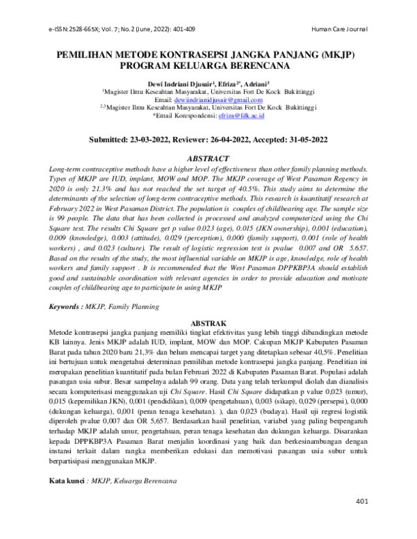 (PDF) Determinan Pemilihan Metode Kontrasepsi Jangka Panjang (MKJP) Program Keluarga Berencana
