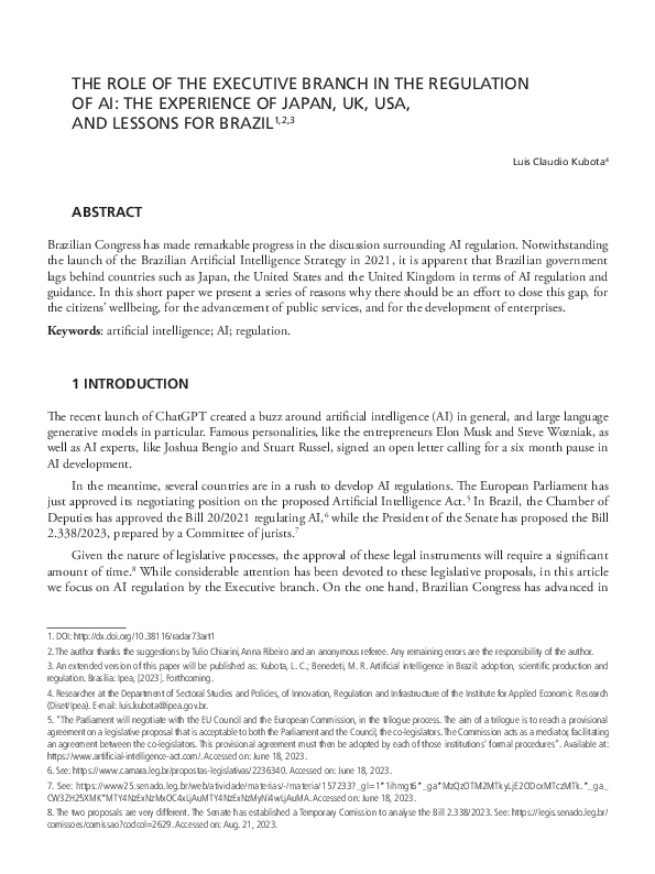 (PDF) The Role of the Executive Branch in the Regulation of Ai: The ...