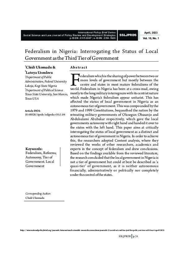 (PDF) Federalism in Nigeria: Interrogating the Status of Local Government as the Third Tier of ...