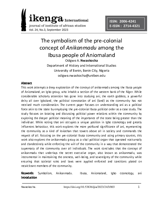 (PDF) The Symbolism of the Pre-Colonial Concept of Anikanmadu among the ...