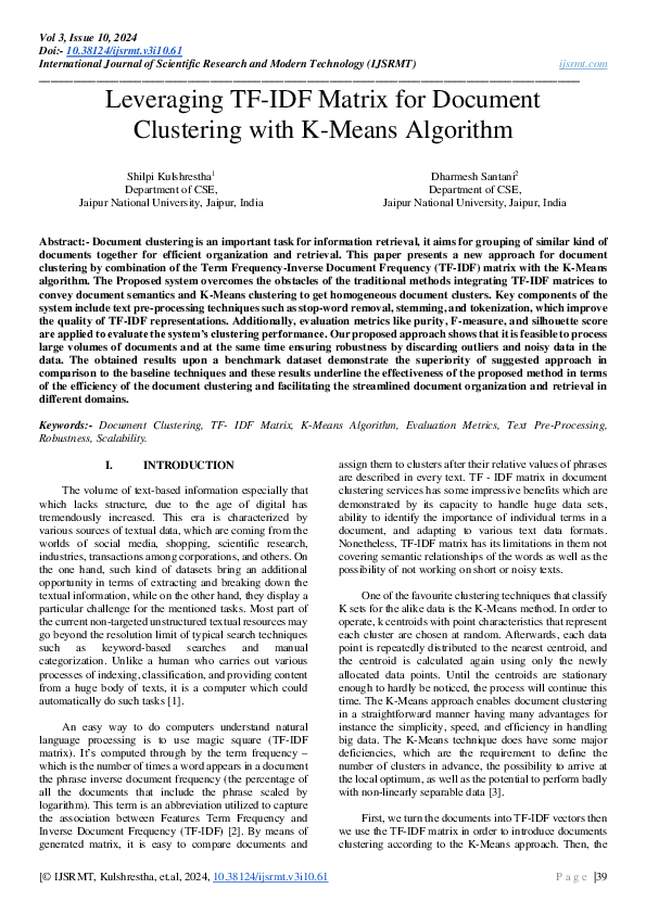 (PDF) Leveraging TF-IDF Matrix for Document Clustering with K-Means Algorithm | Shilpi ...