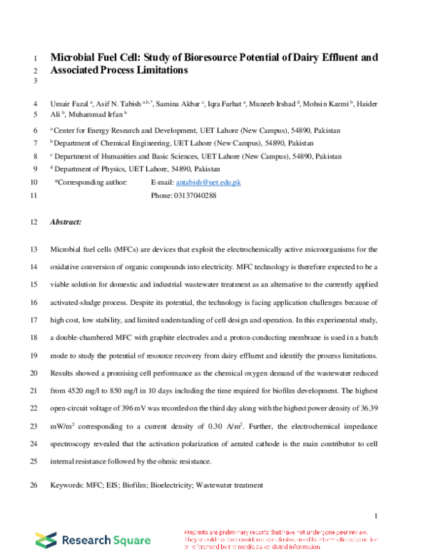 (PDF) Microbial Fuel Cell: Study of Bioresource Potential of Dairy ...