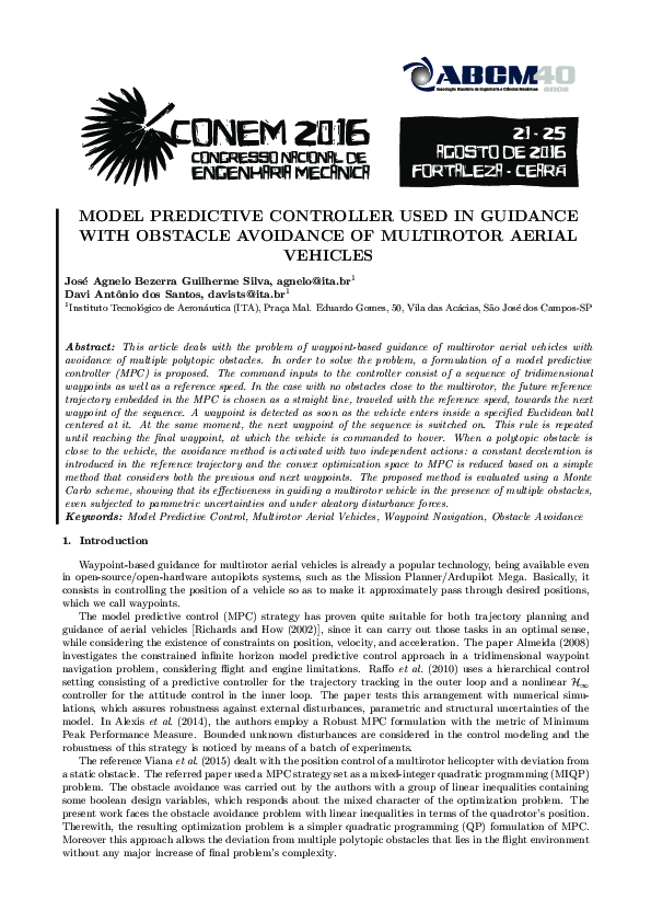 (PDF) Model Predictive Controller Used in Guidance with Obstacle Avoidance of Multirotor Aerial ...