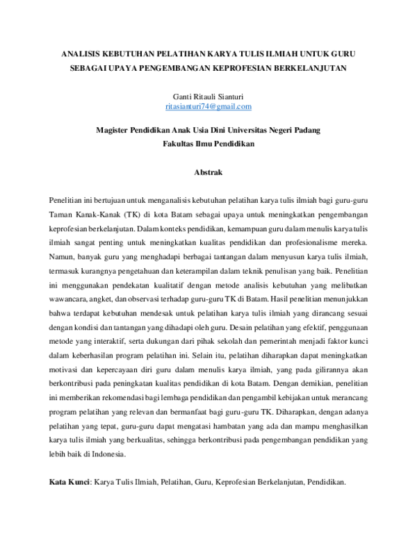 (PDF) ANALISIS KEBUTUHAN PELATIHAN KARYA TULIS ILMIAH UNTUK GURU SEBAGAI UPAYA PENGEMBANGAN ...
