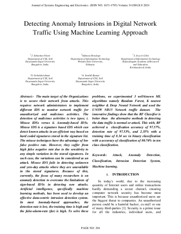 (PDF) Detecting Anomaly Intrusions in Digital Network Traffic Using Machine Learning Approach