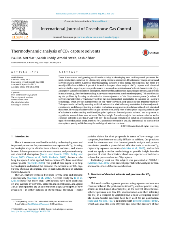 (PDF) Thermodynamic analysis of CO2 capture solvents