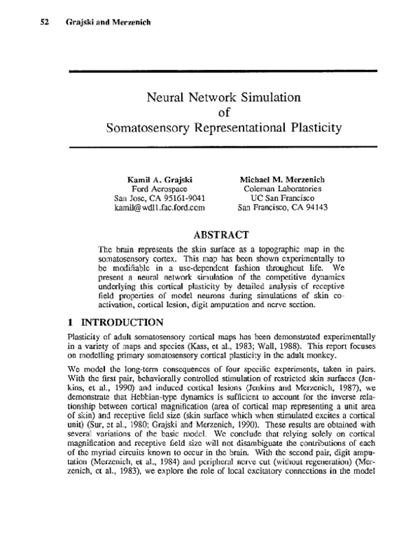 (PDF) Neural Network Simulation of Somatosensory Representational Plasticity