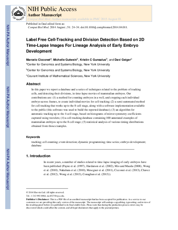 (PDF) Label free cell-tracking and division detection based on 2D time-lapse images for lineage ...