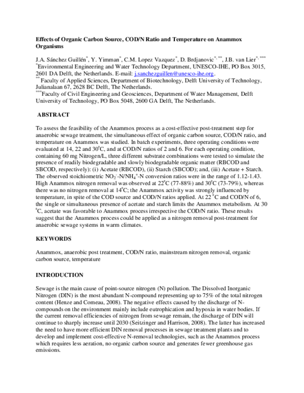 (PDF) Effects of Organic Carbon Source, COD/N Ratio and Temperature on ...