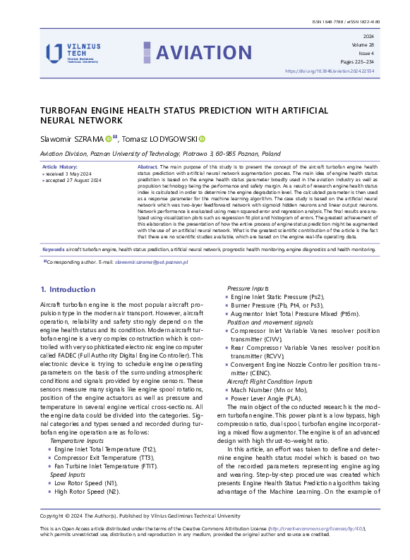 (PDF) TURBOFAN ENGINE HEALTH STATUS PREDICTION WITH ARTIFICIAL NEURAL ...