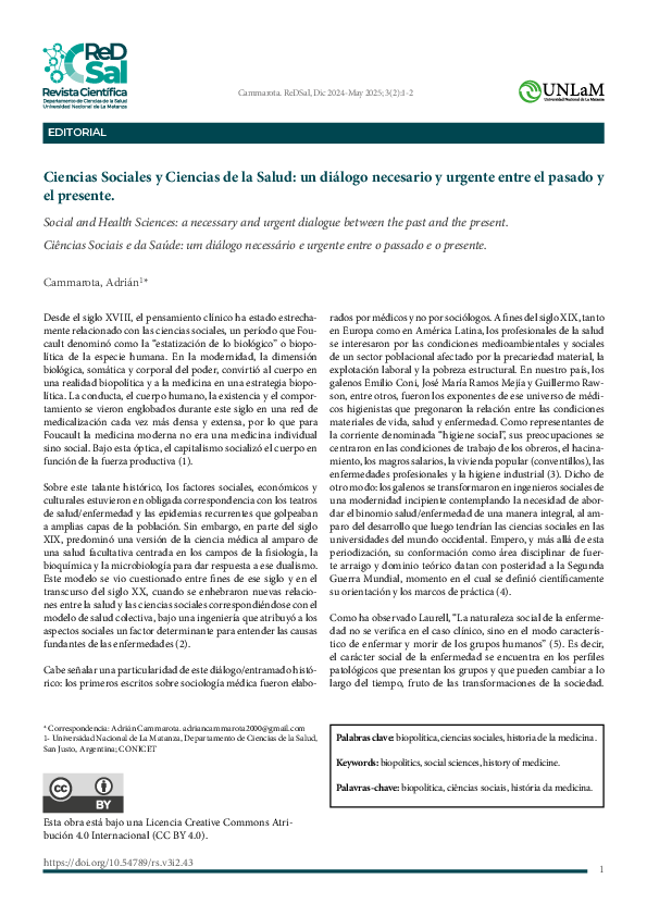 (PDF) Editorial ReDSal(Dic 2024-May 2025; 3(2):1-2). Ciencias Sociales ...